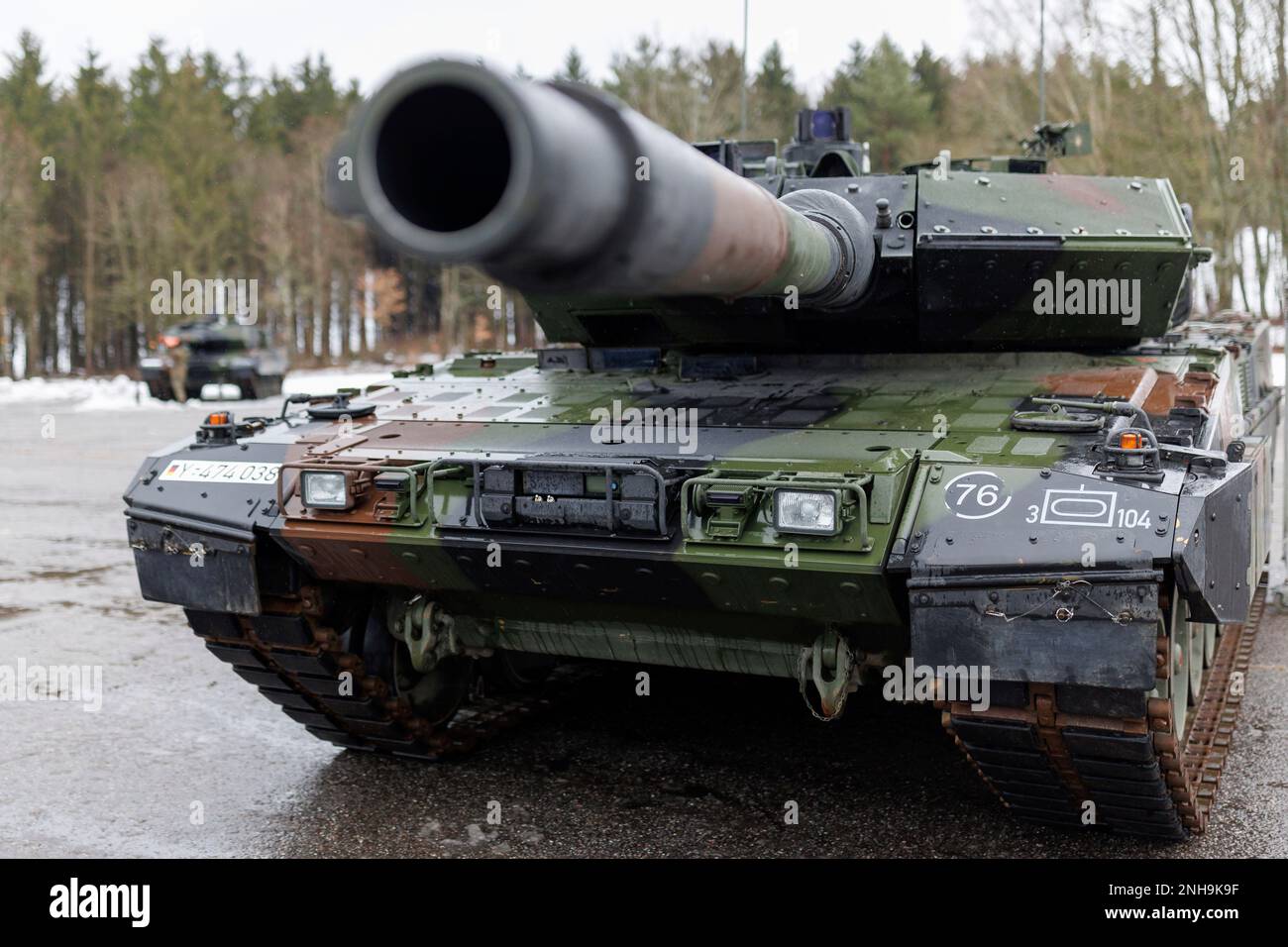 New Leopard 2 A7V tanks from the German Army stand on the barracks grounds during the ceremonial ...