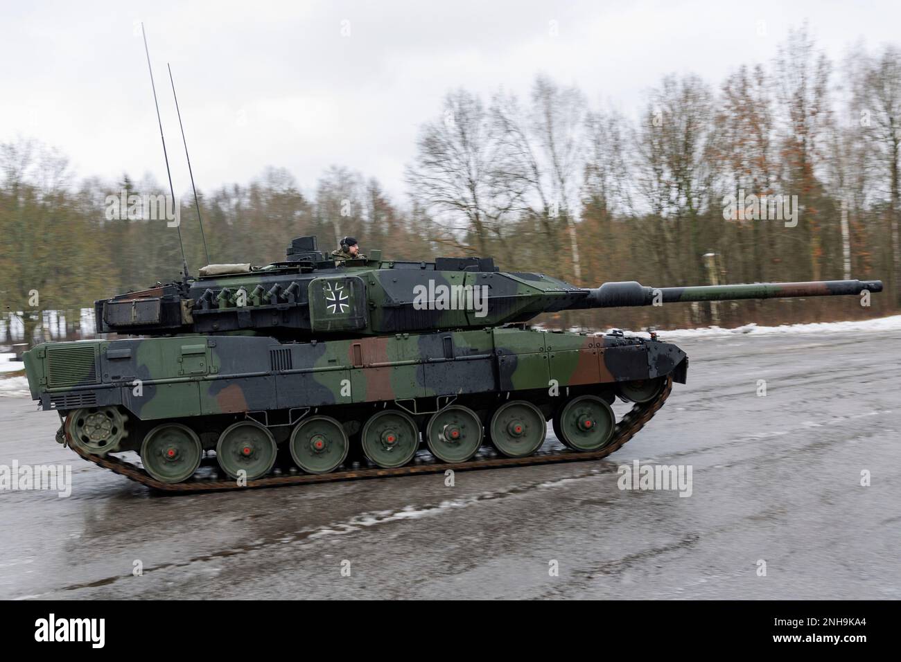 New Leopard 2 A7V tanks from the German Army stand on the barracks grounds during the ceremonial ...