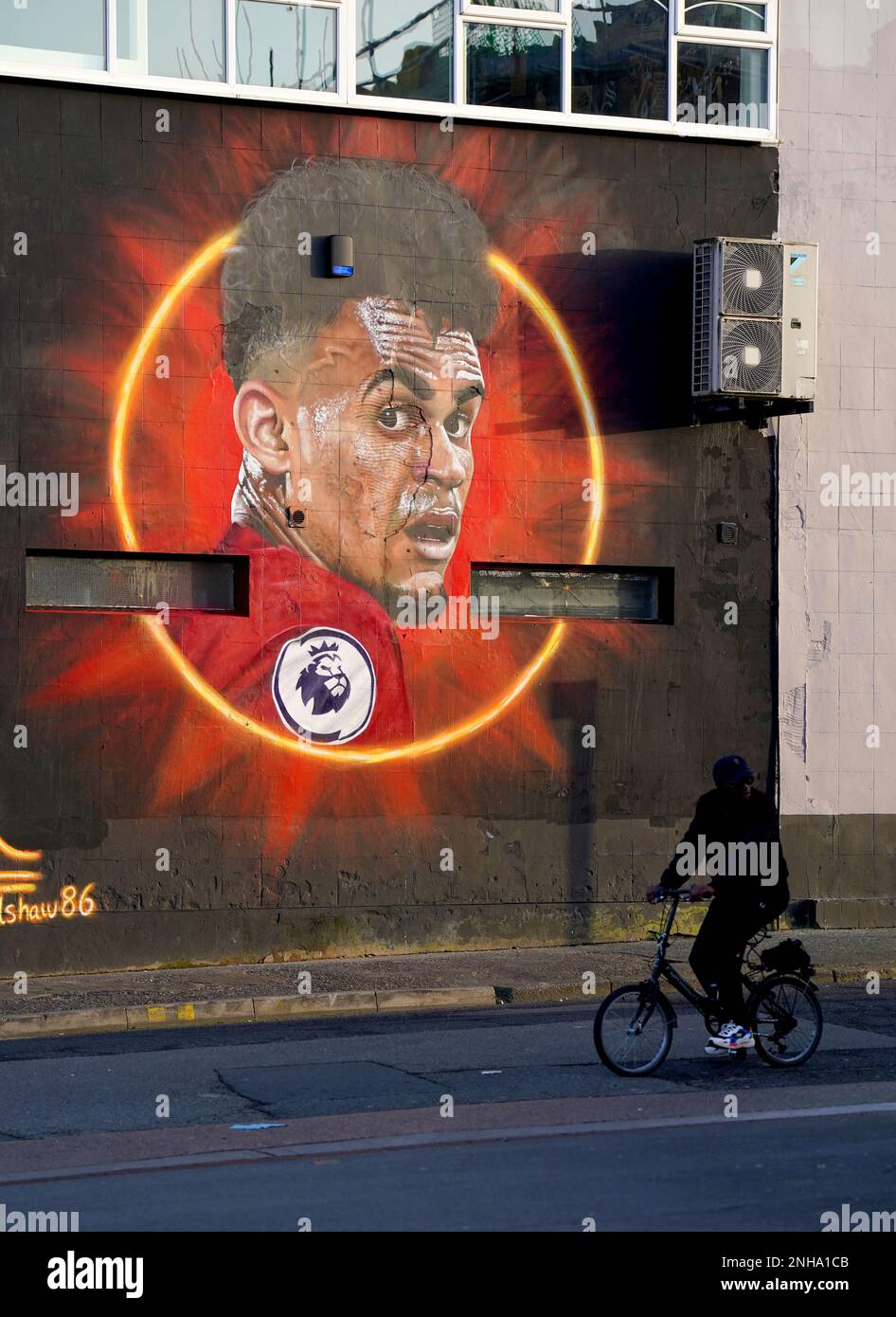 A mural of Liverpool's Luis Diaz painted by artist John Culshaw on a ...