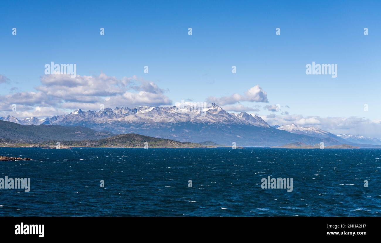 Range of mountains on the island opposite city of Ushuaia in Argentina ...