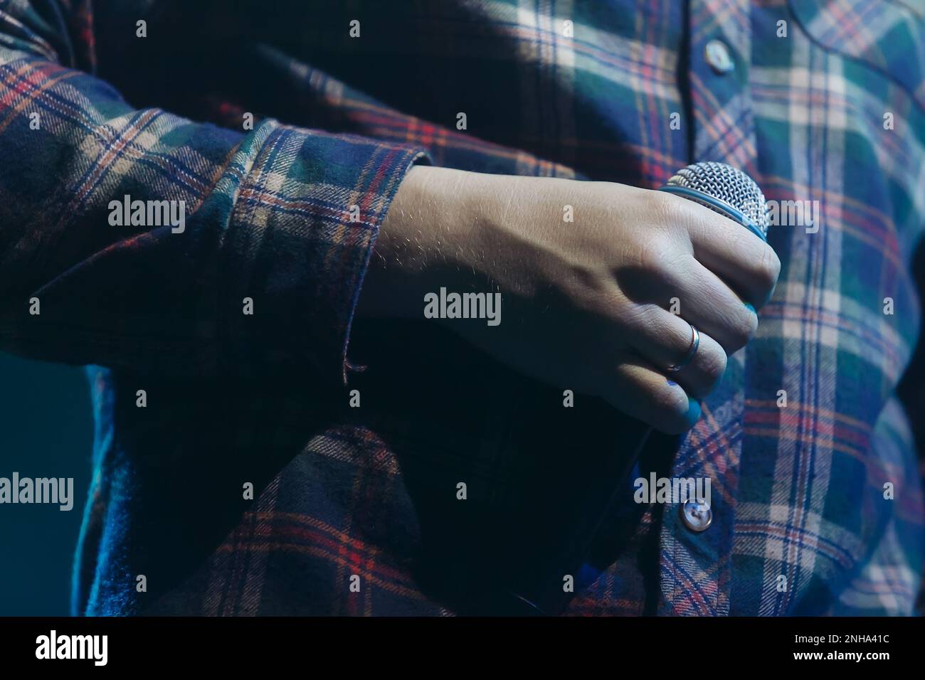 Hand of singer in classic plaid shirt holding microphone. Cool rapper ...