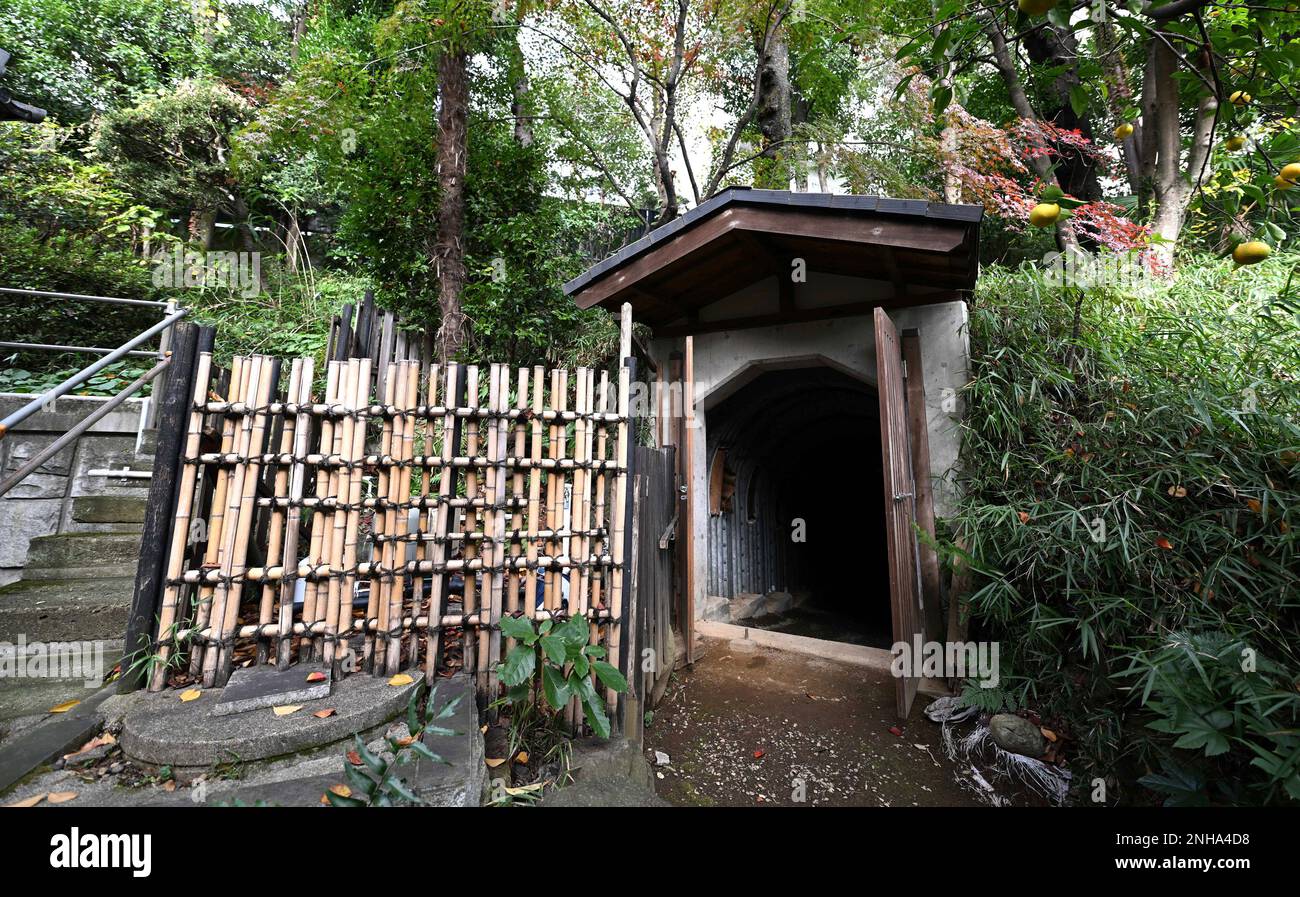 A picture shows an entrance of a bomb shelter which is beneath Joganji ...
