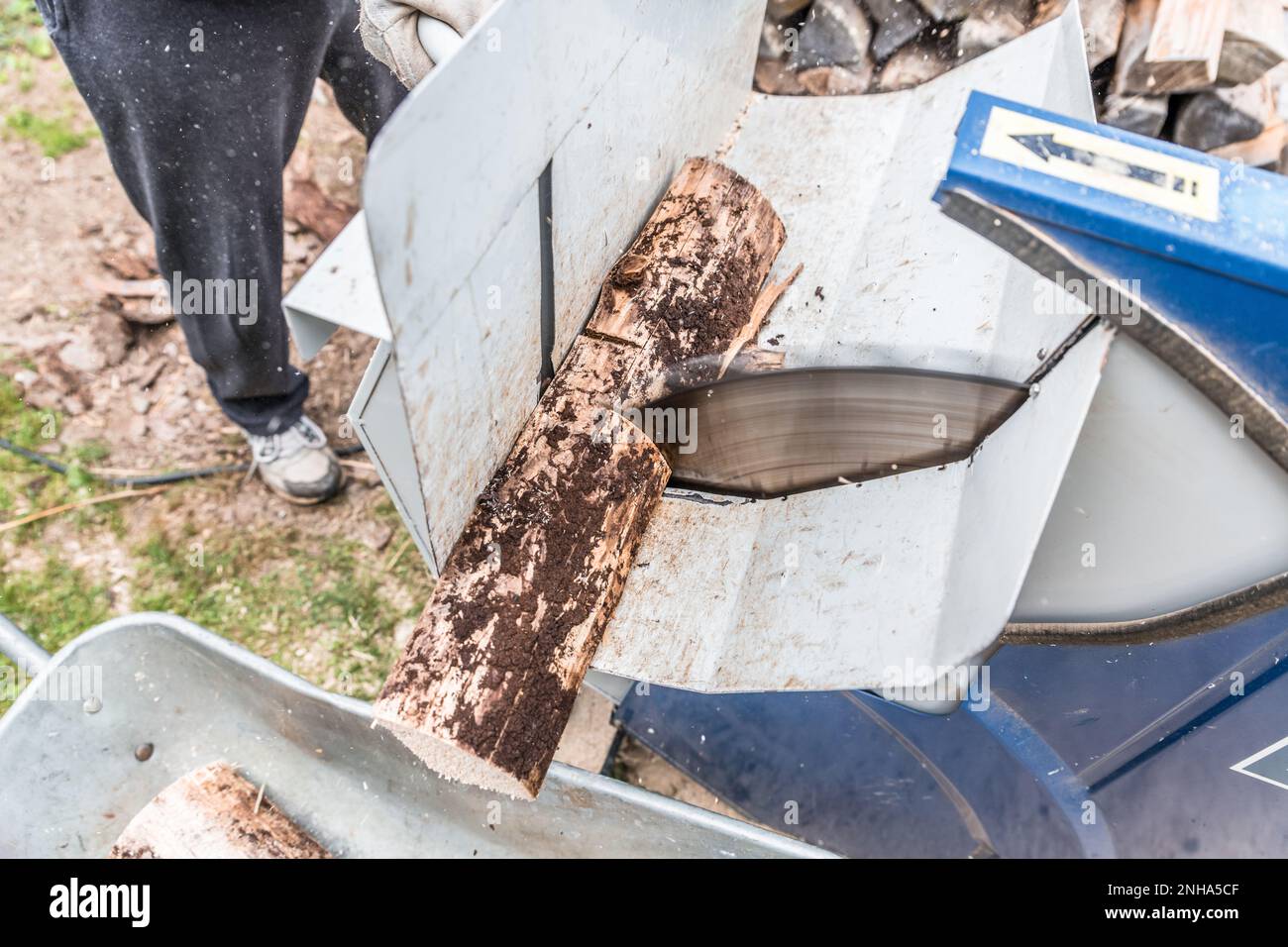 Close up of circular saw with logs for wood cutting, Germany Stock ...