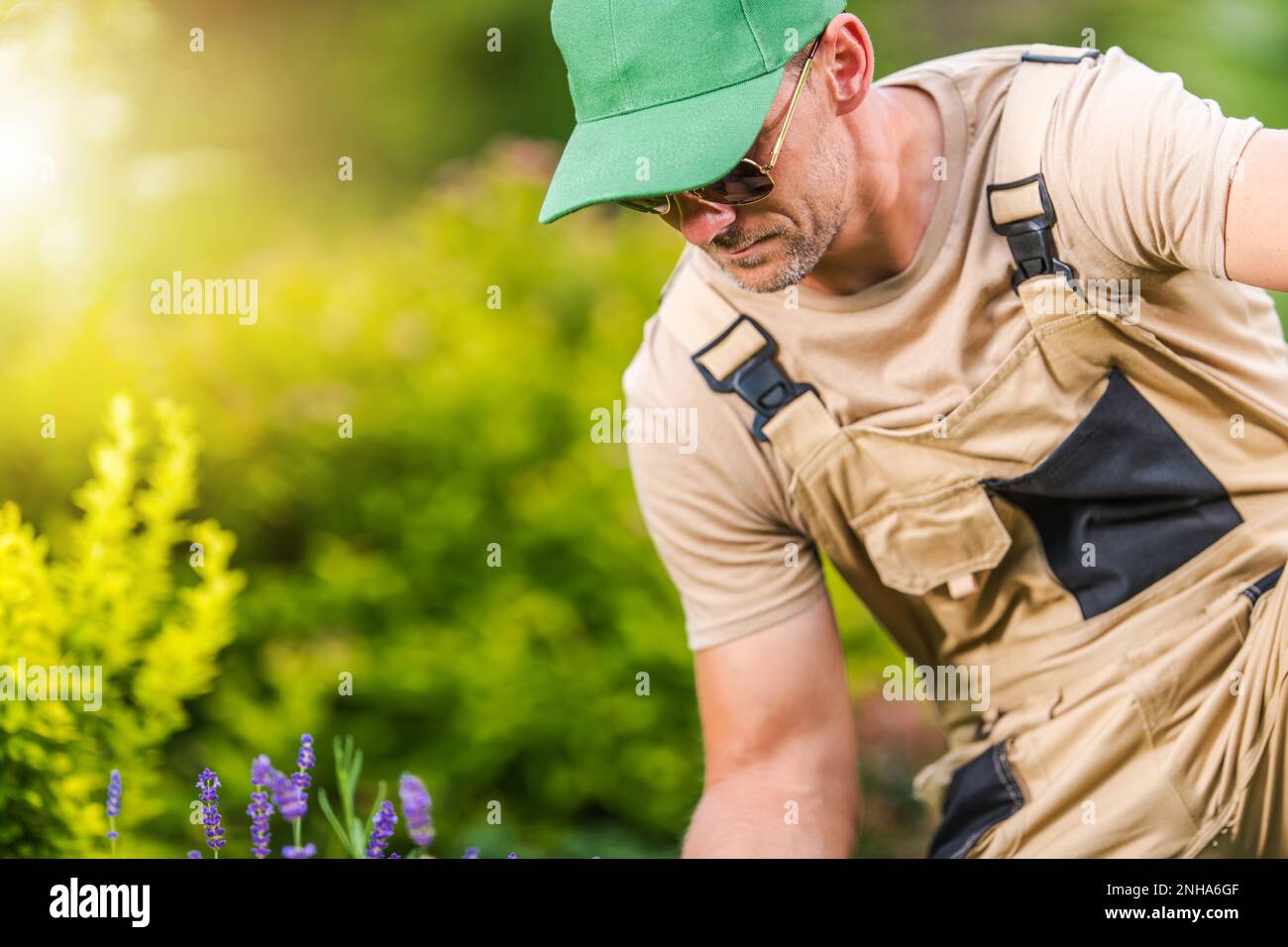 Caucasian Professional Landscaper in His 40s Inside a Garden. Summer ...