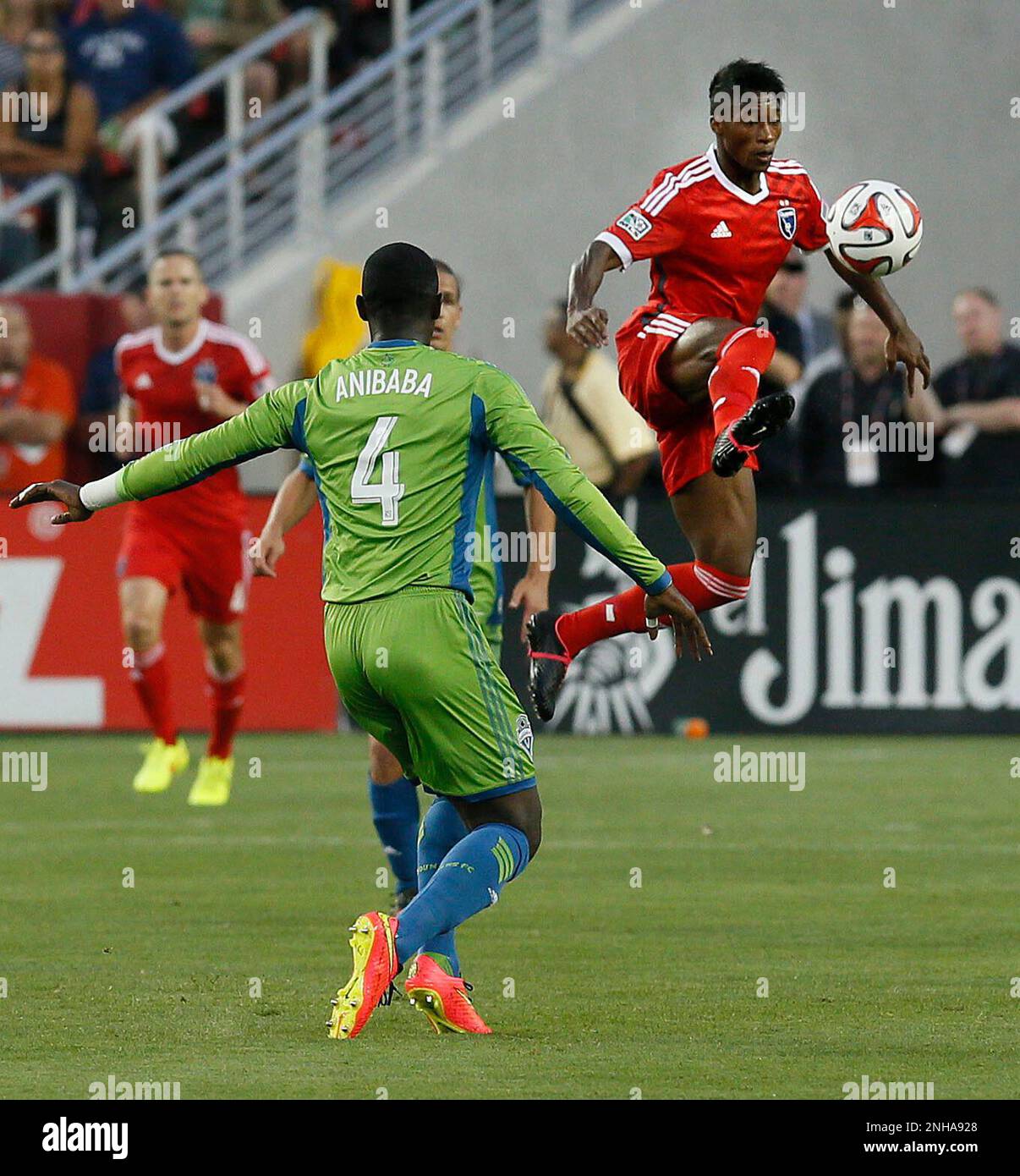 San Jose's Yannick Djalo, (10) controls the ball with Seattle's Jail ...