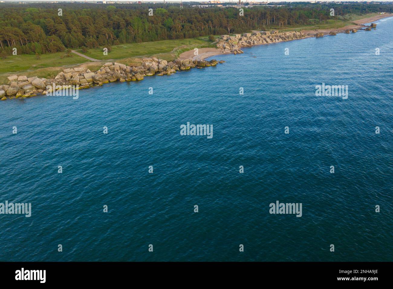 Drone photography of sea, coastline and old abandoned and ruined ...