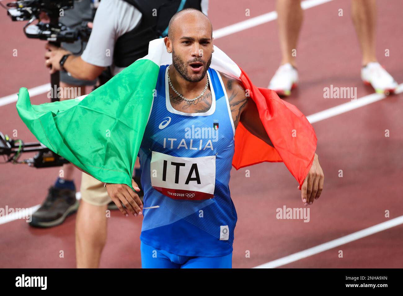 AUG 06, 2021 - Tokyo, Japan: Marcell JACOBS of Italy celebrates winning ...