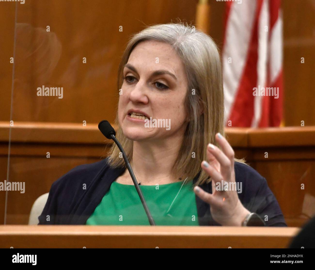 Dr. Sara West, a forensic psychiatrist, answers questions during her ...