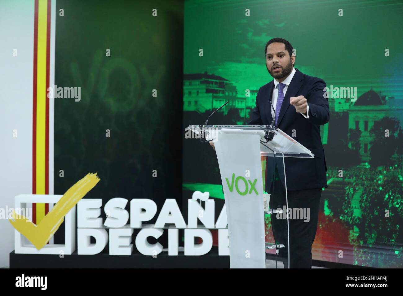 VOX Secretary General, Ignacio Garriga, during a press conference, at ...