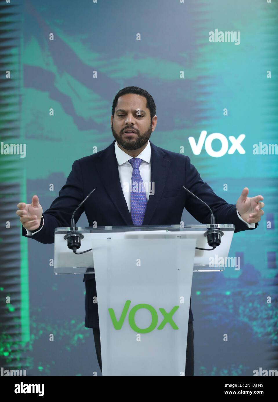 VOX Secretary General, Ignacio Garriga, during a press conference, at ...