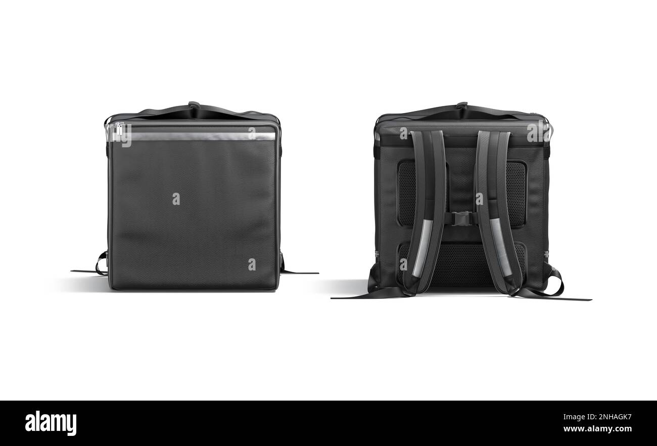 Blank black delivery bag with strap mockup, front back view, 3d ...