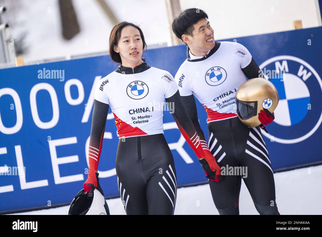 Dan Zhao and Wengang Yan of China react after the mixed team skeleton ...