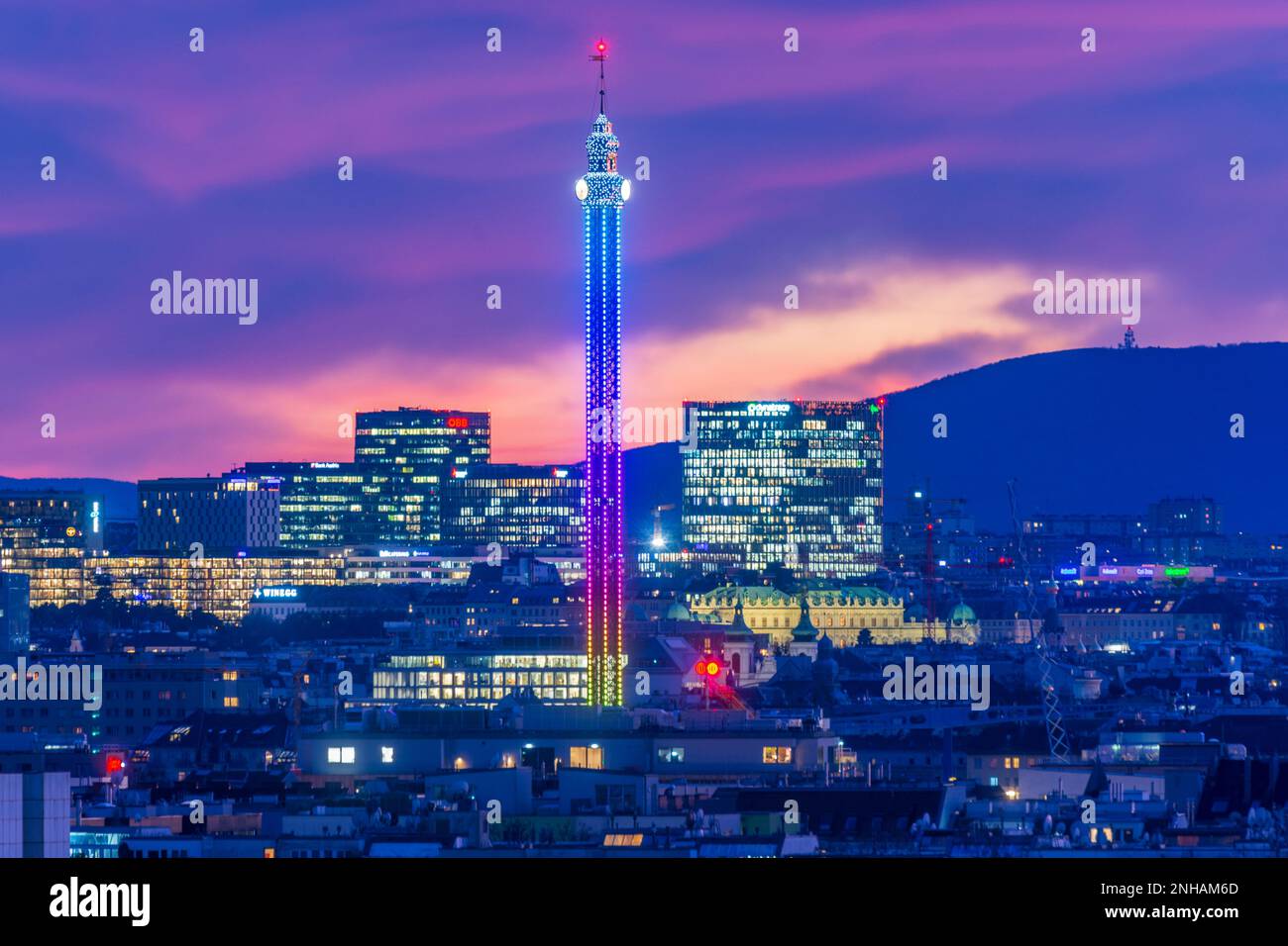 Wien, Vienna: fiery sunset at amusement park Prater with Praterturm ...