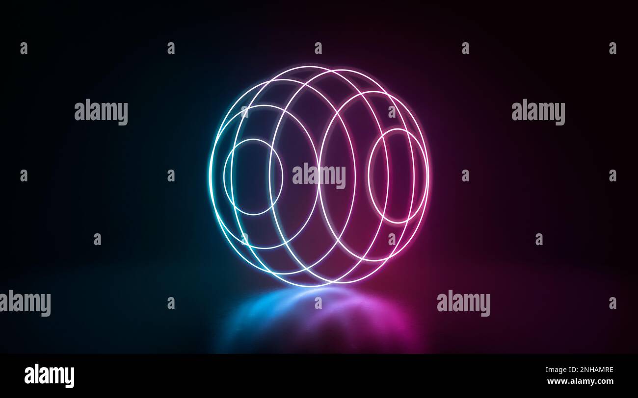Colored neon glowing sphere frame lying in darkness, side view, 3d ...