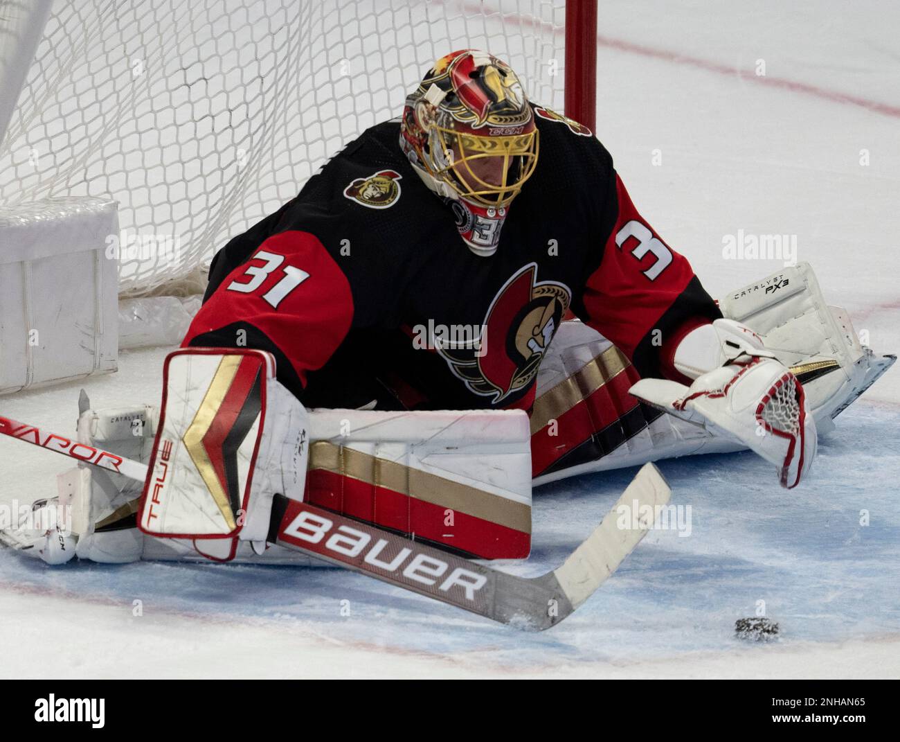 Ottawa Senators goaltender Anton Forsberg makes a save during second ...