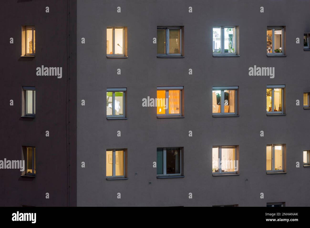 Wien, Vienna: lit windows in apartment house in 22. Donaustadt, Wien ...