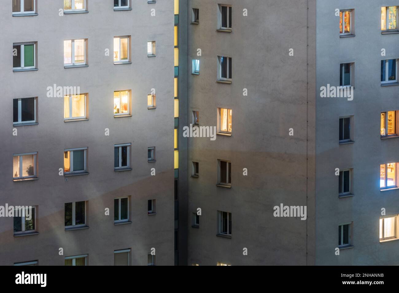 Wien, Vienna: lit windows in apartment house in 22. Donaustadt, Wien ...