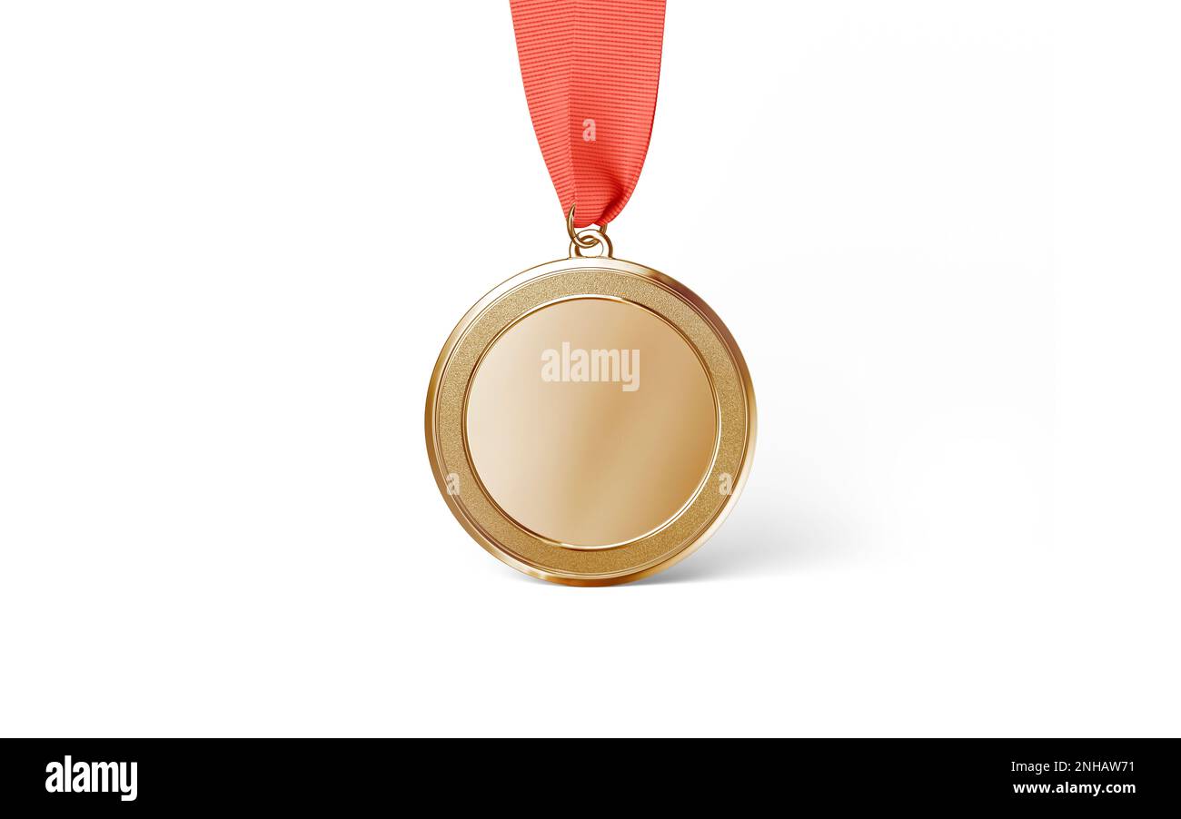 Blank gold medal with red ribbon mockup stand, front view, 3d rendering ...