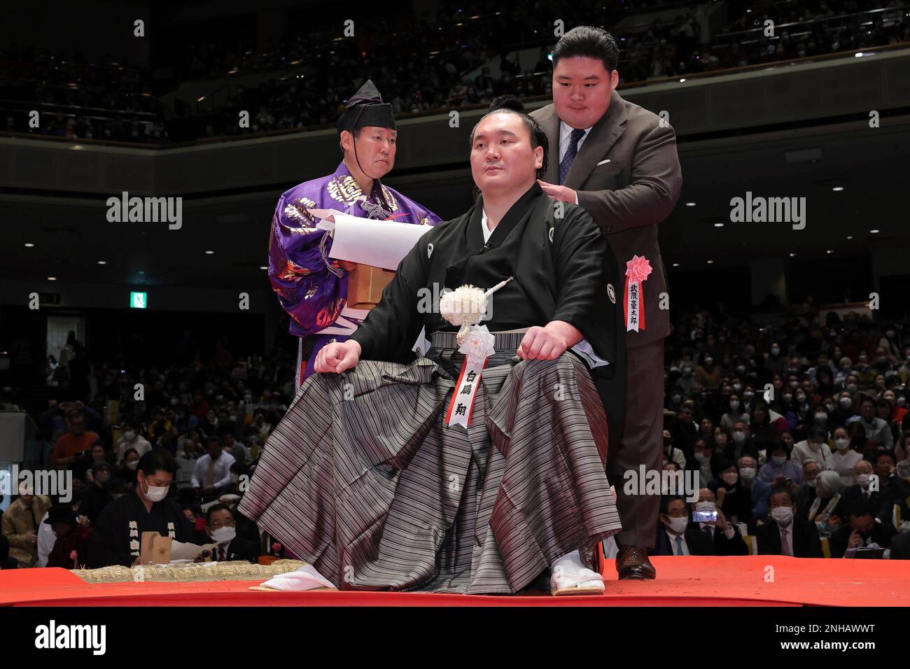 Former yokozuna Hakuho (C) attends Danpatsushiki, his official ...