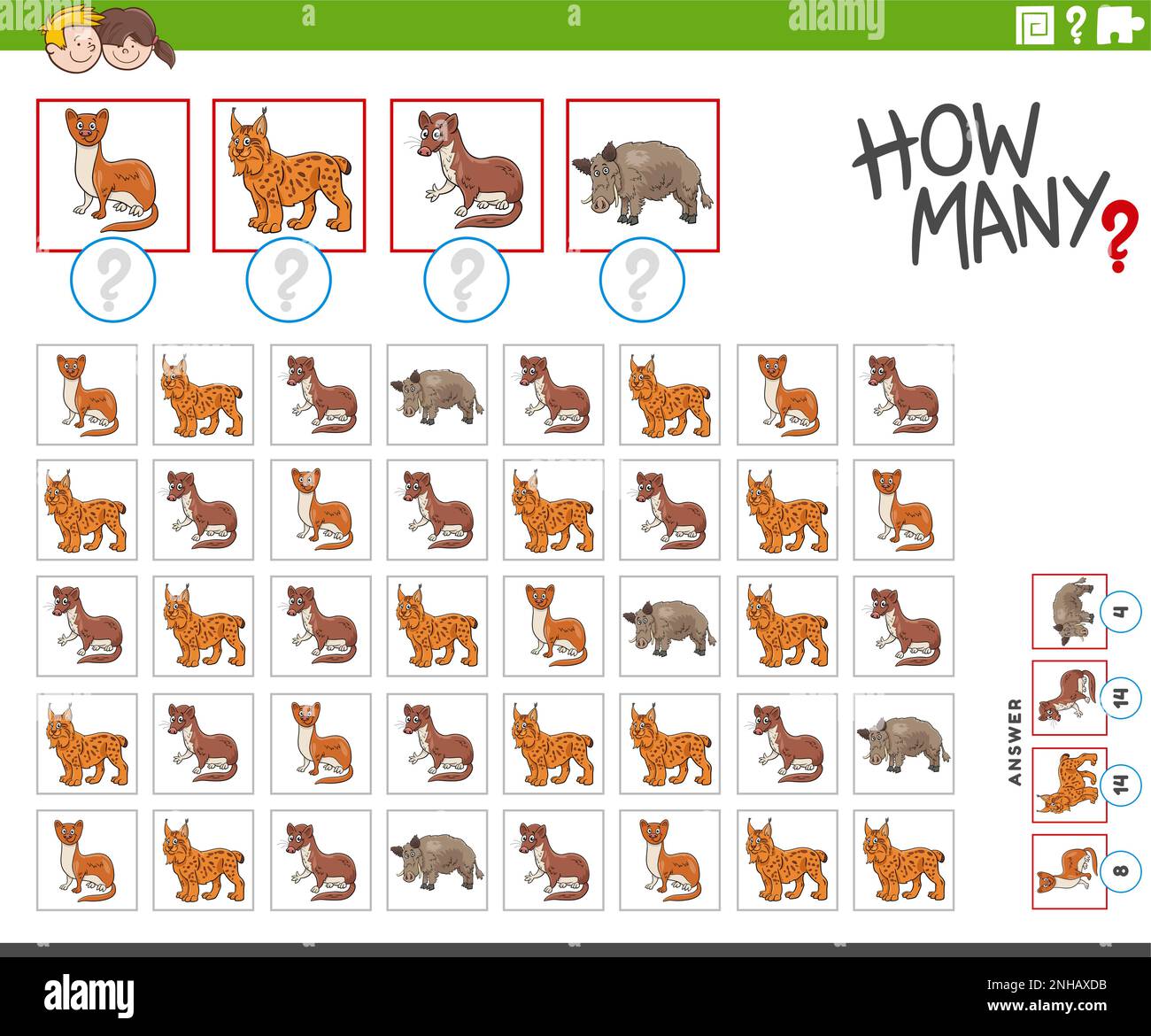 Illustration of educational counting game with cartoon wild animal ...