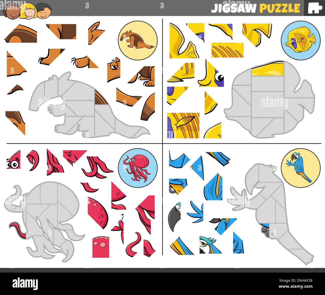 Cartoon illustration of educational jigsaw puzzle games set with comic ...