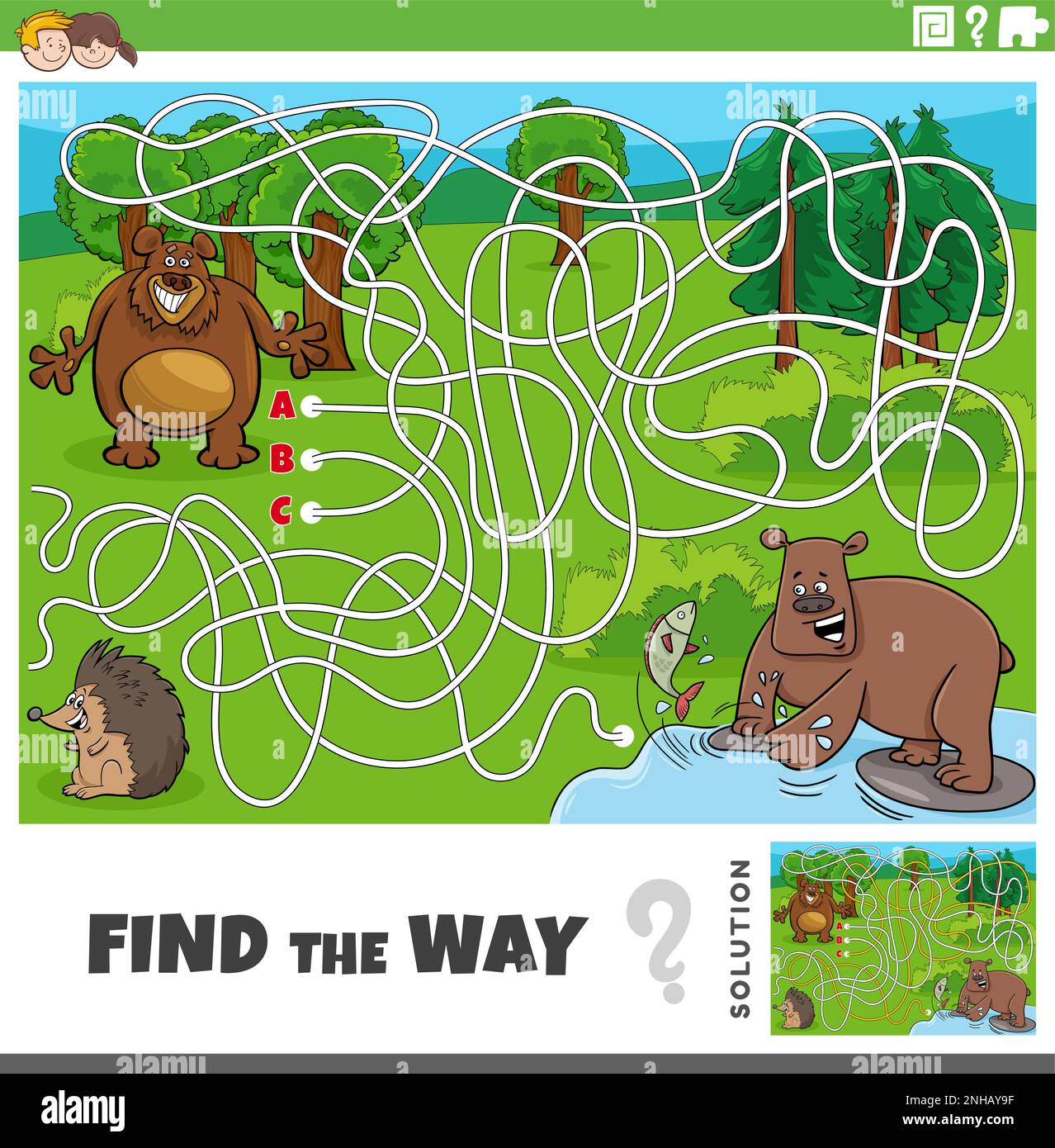 Cartoon illustration of find the way maze puzzle game with bears animal ...