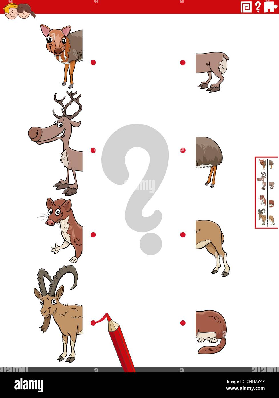 Cartoon illustration of educational game of matching halves of pictures ...