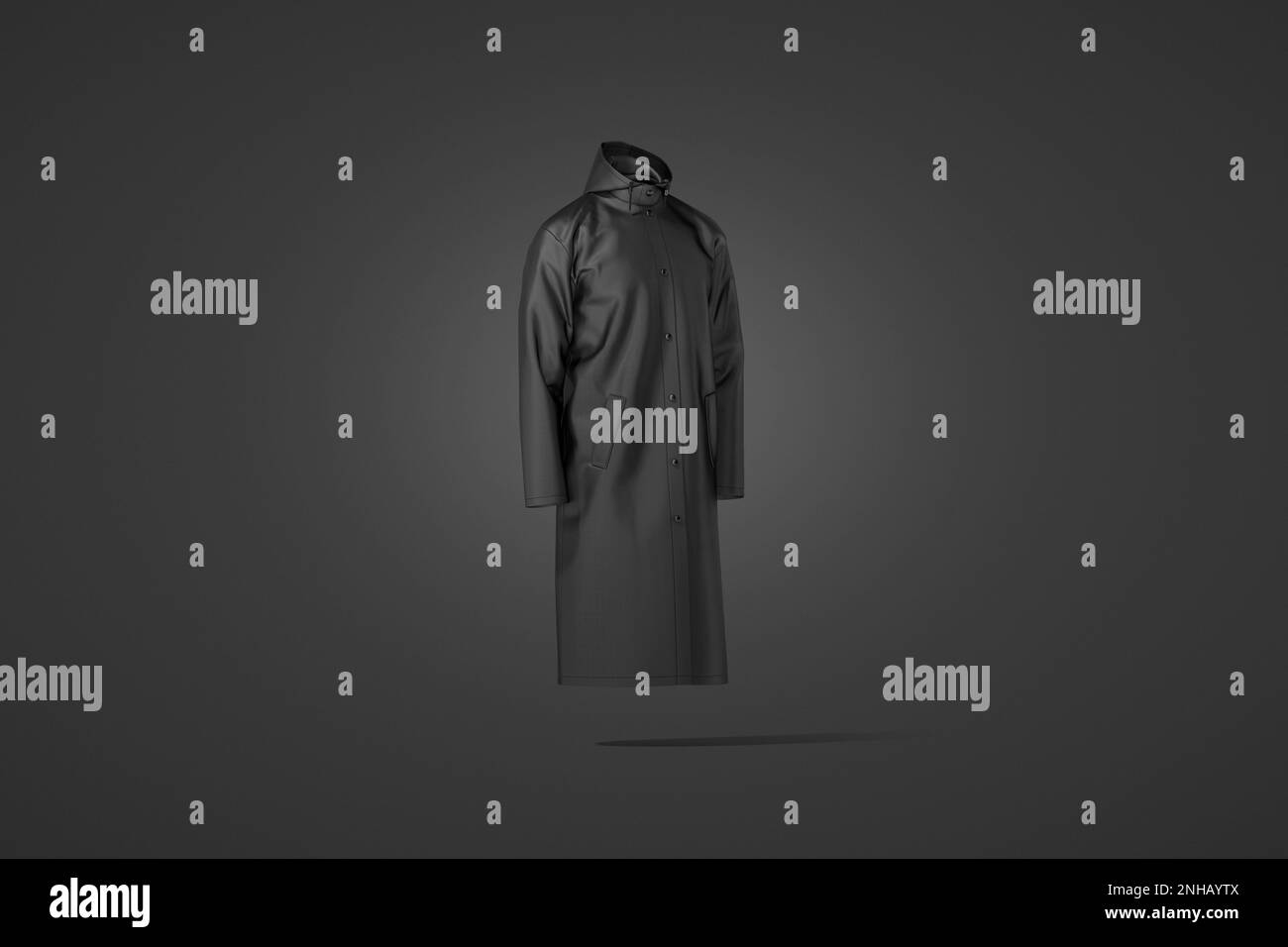 Blank black protective raincoat mockup on dark background, 3d rendering ...