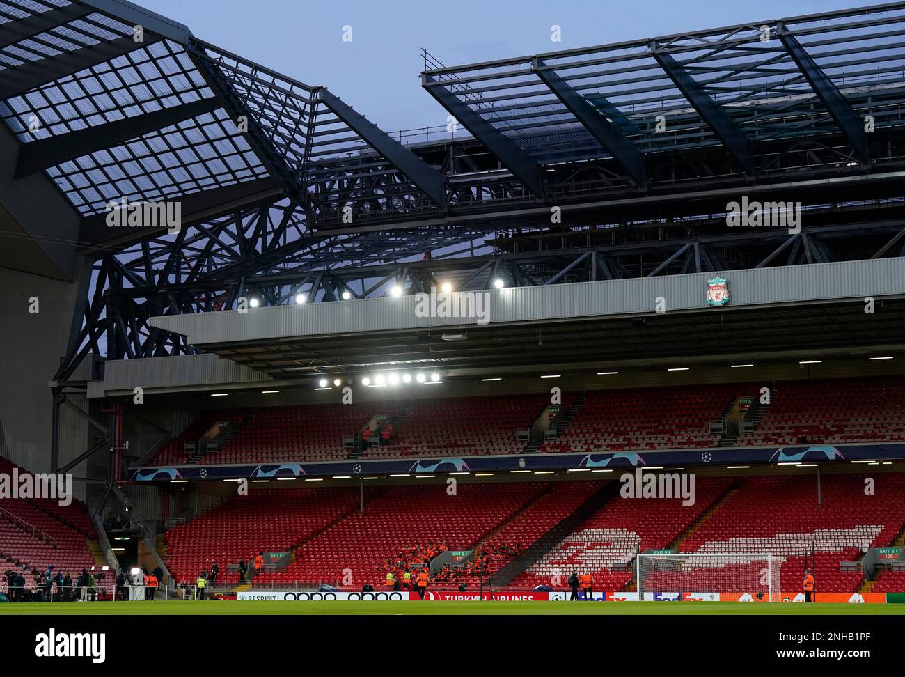 Liverpool, UK. 21st Feb, 2023. New building work looms over the Anfield ...