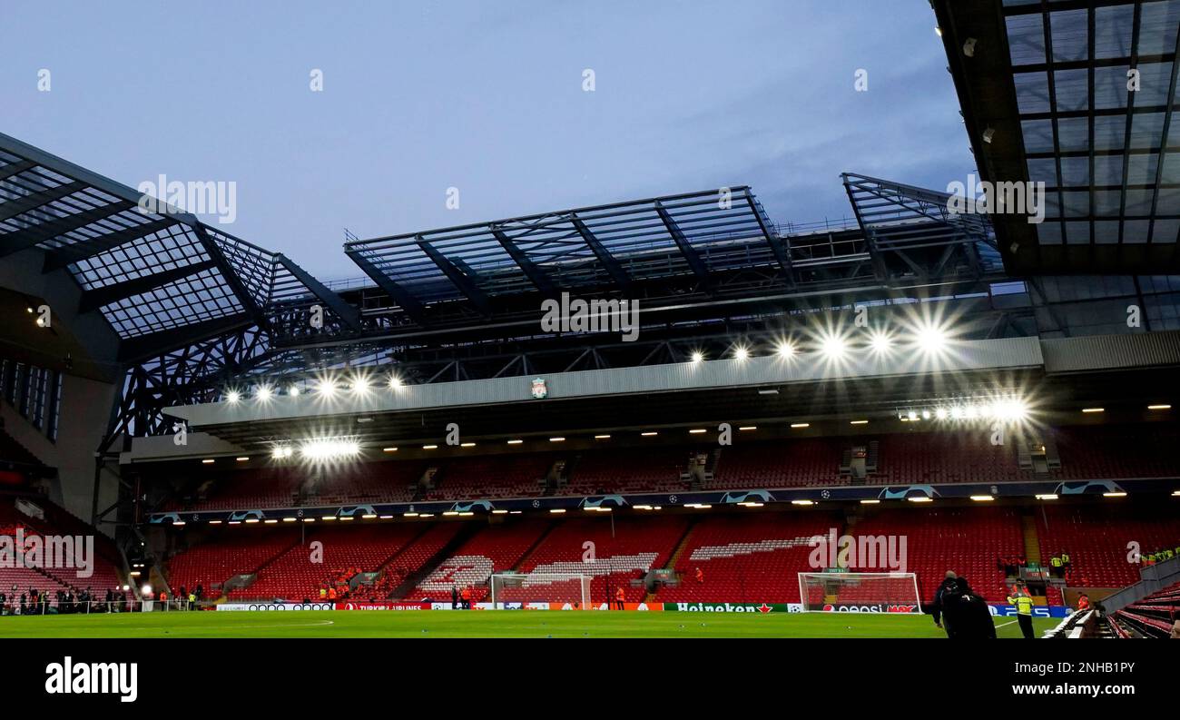 Liverpool, UK. 21st Feb, 2023. New building work looms over the Anfield ...