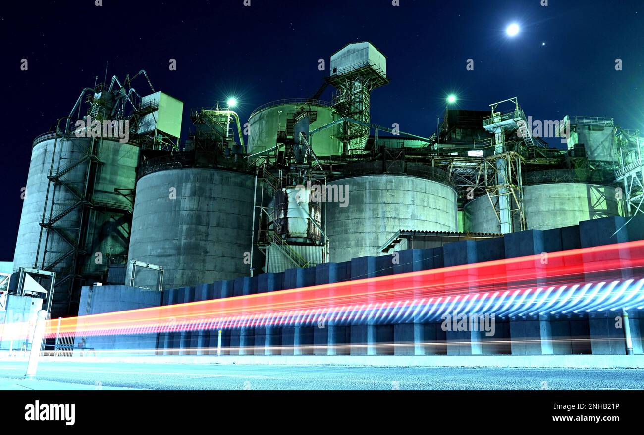 A photo shows the night view of Taiheiyo Cement Ofunato factory in ...