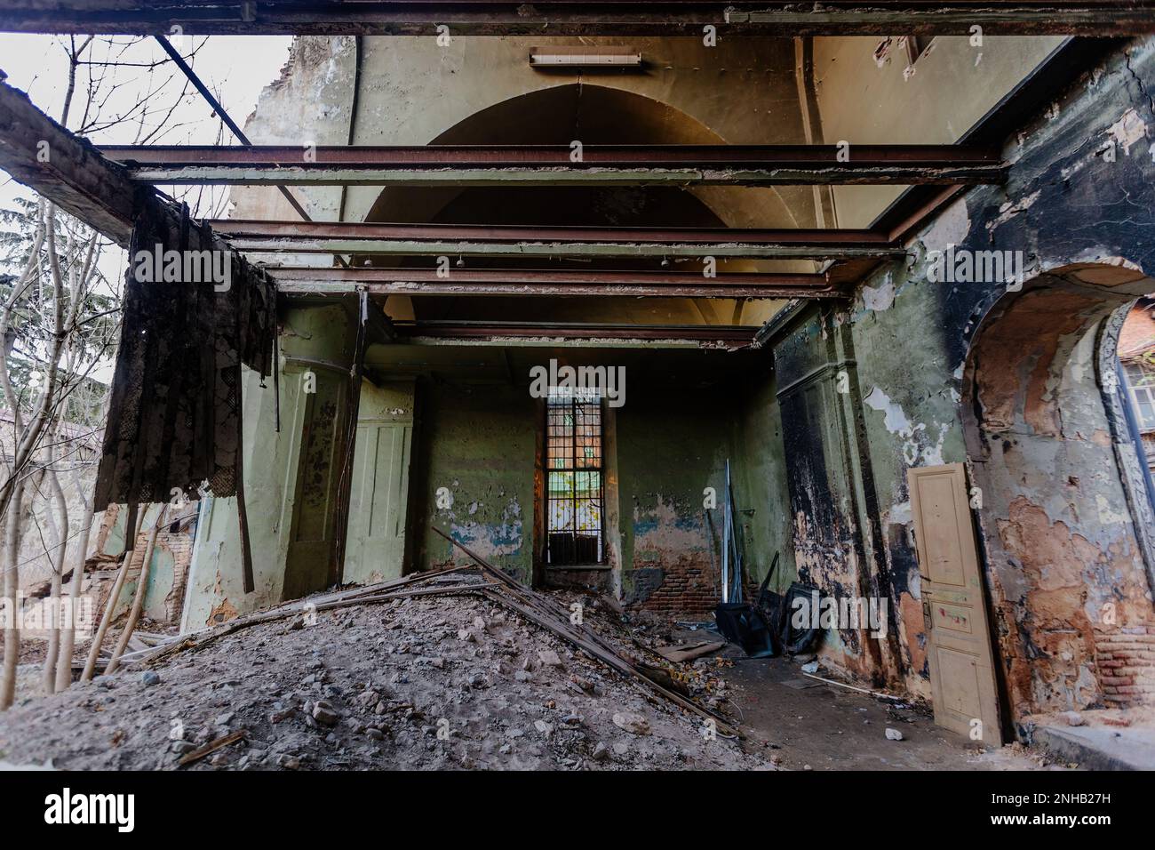 Burnt old church. Consequences of fire or war concept Stock Photo - Alamy