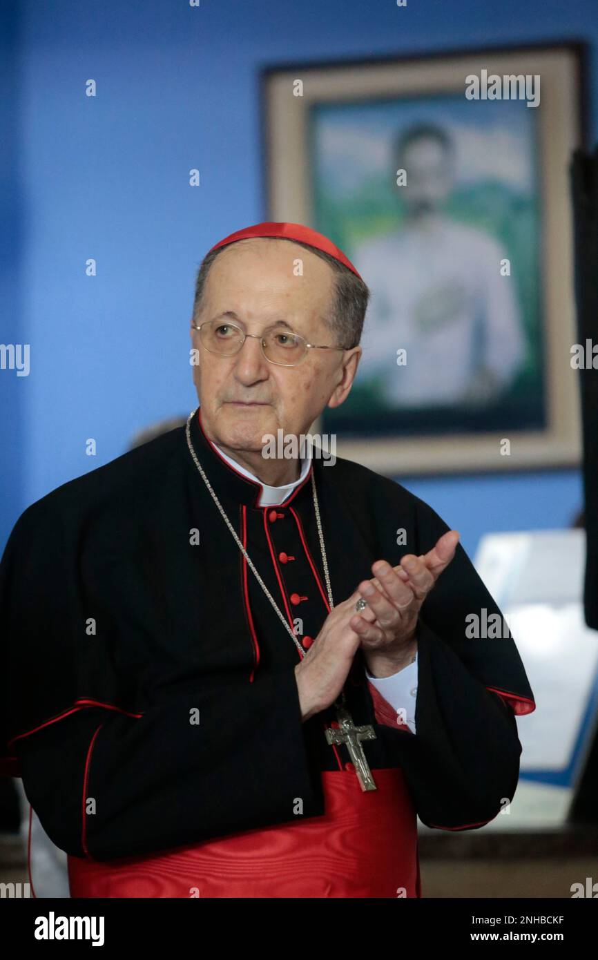 Vatican Envoy Cardinal Beniamino Stella applauds during a ceremony to launch a postage stamp ...
