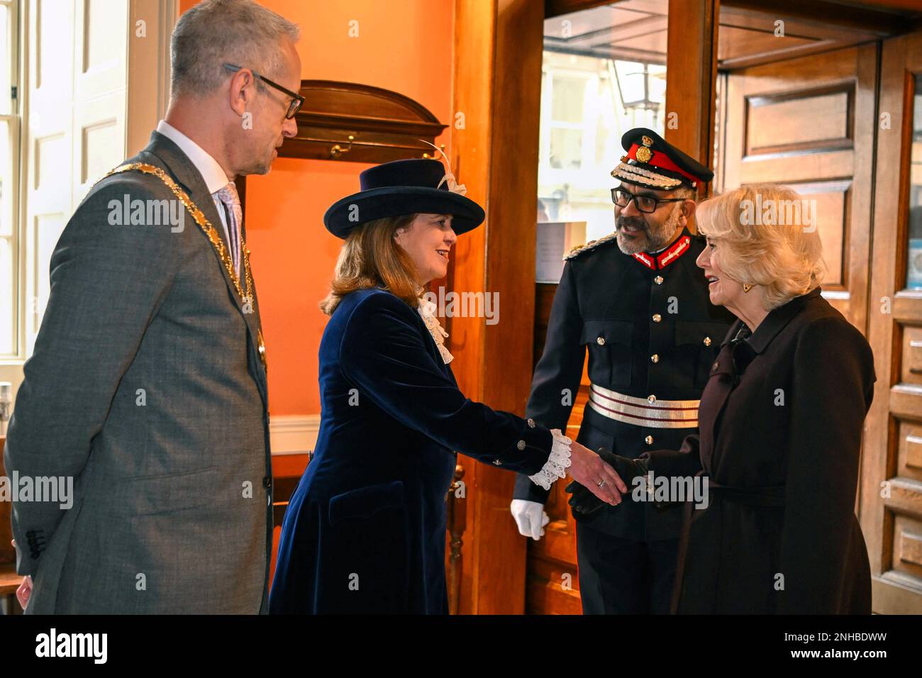 Britain's Camilla, Queen Consort, right, meets Jennifer Duke, The High ...