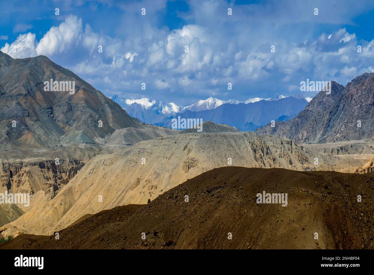 Beautiful play of light on the valley of Basgo, snow capped Himalayan ...