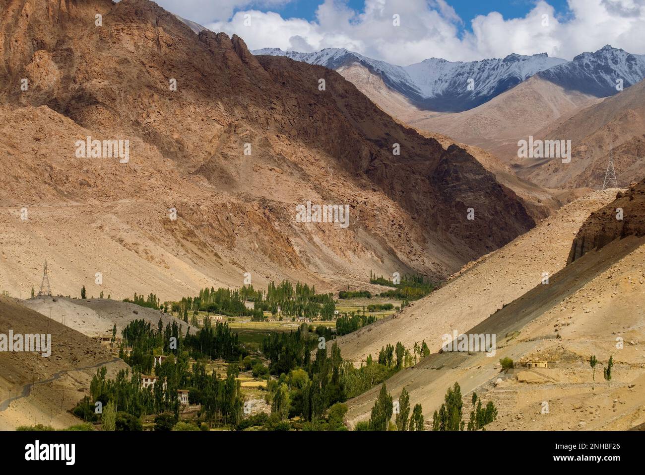 Beautiful play of light on the valley of Basgo, snow capped Himalayan ...