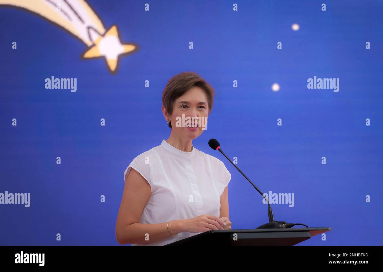 Communications and Information minister Josephine Teo speaking at an ...