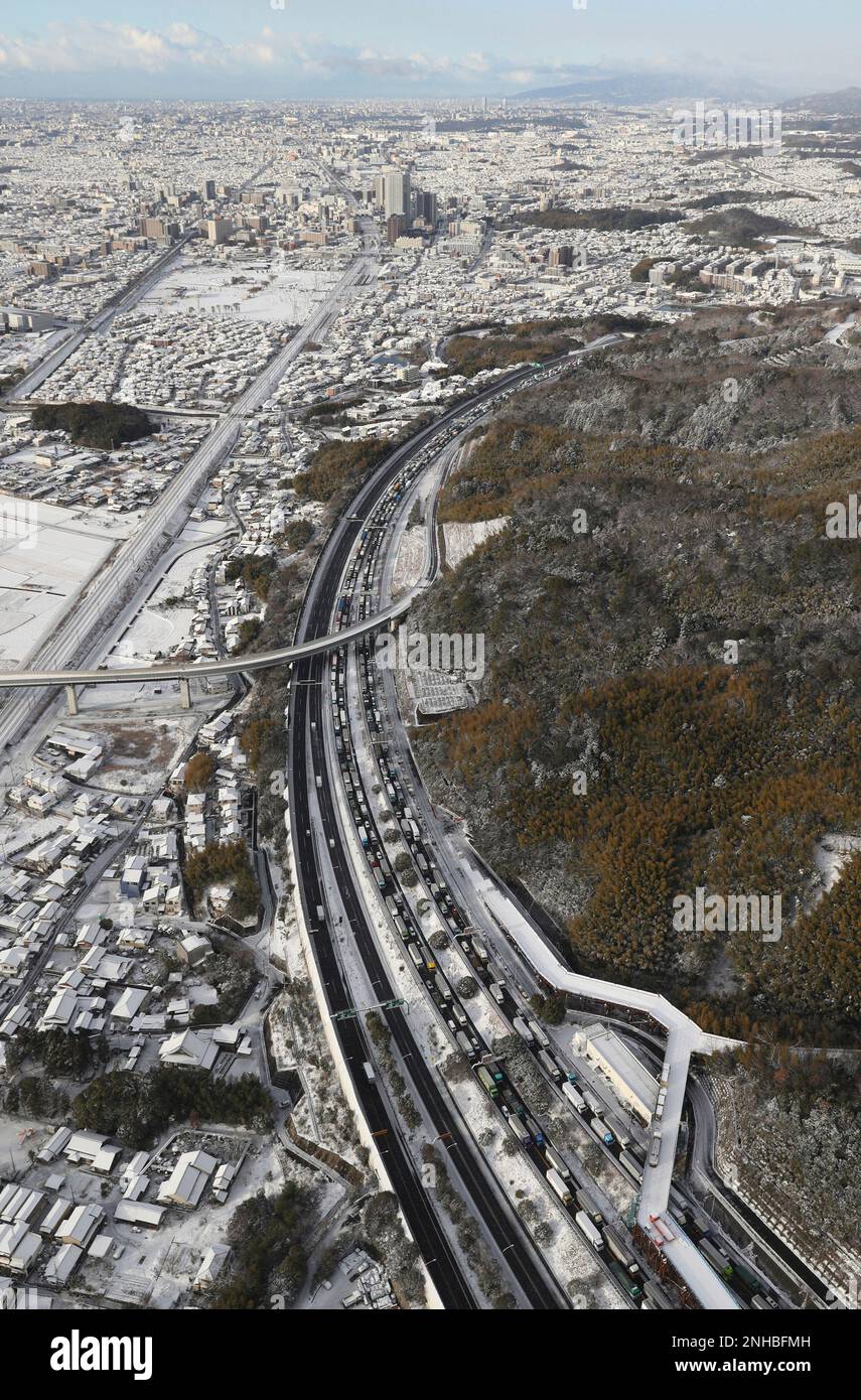 An aerial photo shows the traffic congestion on Meishin Expressway due ...