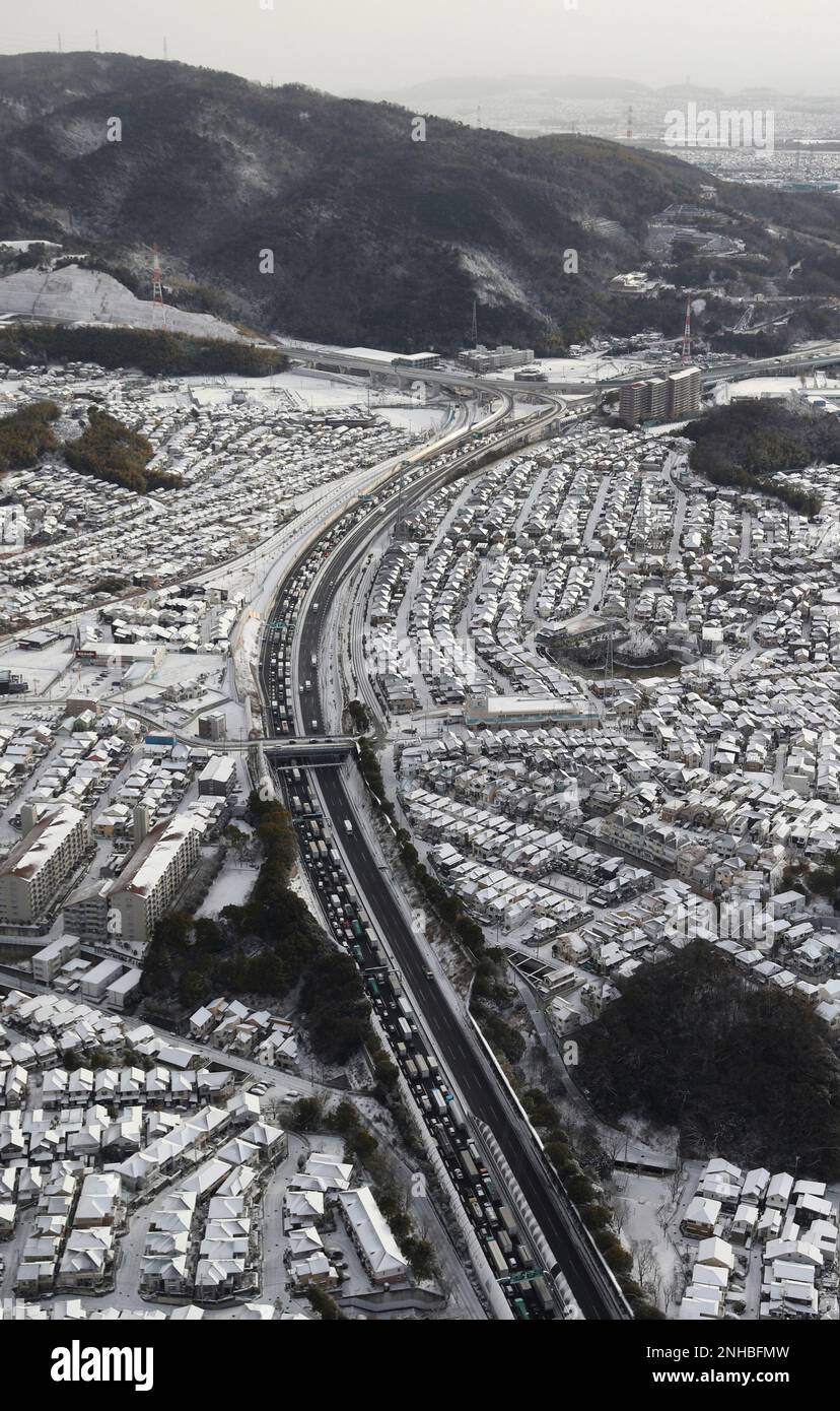 An aerial photo shows the traffic congestion on Meishin Expressway due ...