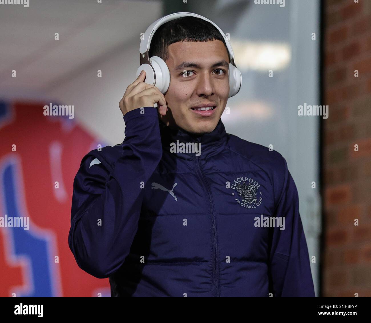 Ian Poveda #26 of Blackpool arrives at Ewood Park during the Sky Bet ...