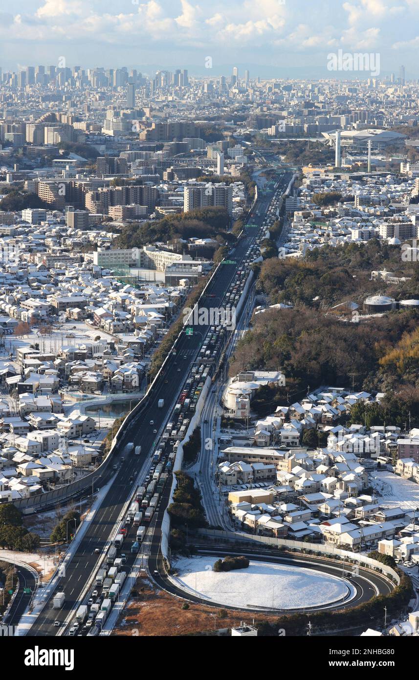 An aerial photo shows the traffic congestion on Meishin Expressway due ...