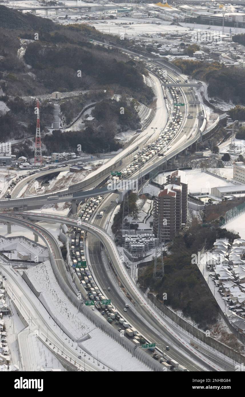 An aerial photo shows the traffic congestion on Meishin Expressway due ...