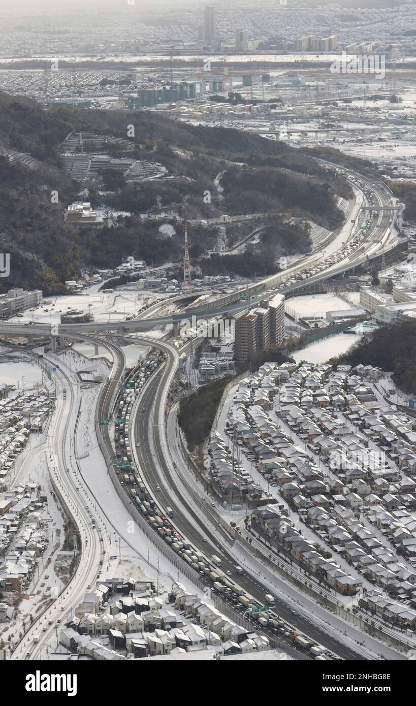 An aerial photo shows the traffic congestion on Meishin Expressway due ...