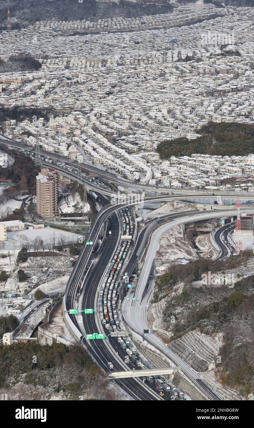 An aerial photo shows the traffic congestion on Meishin Expressway due ...