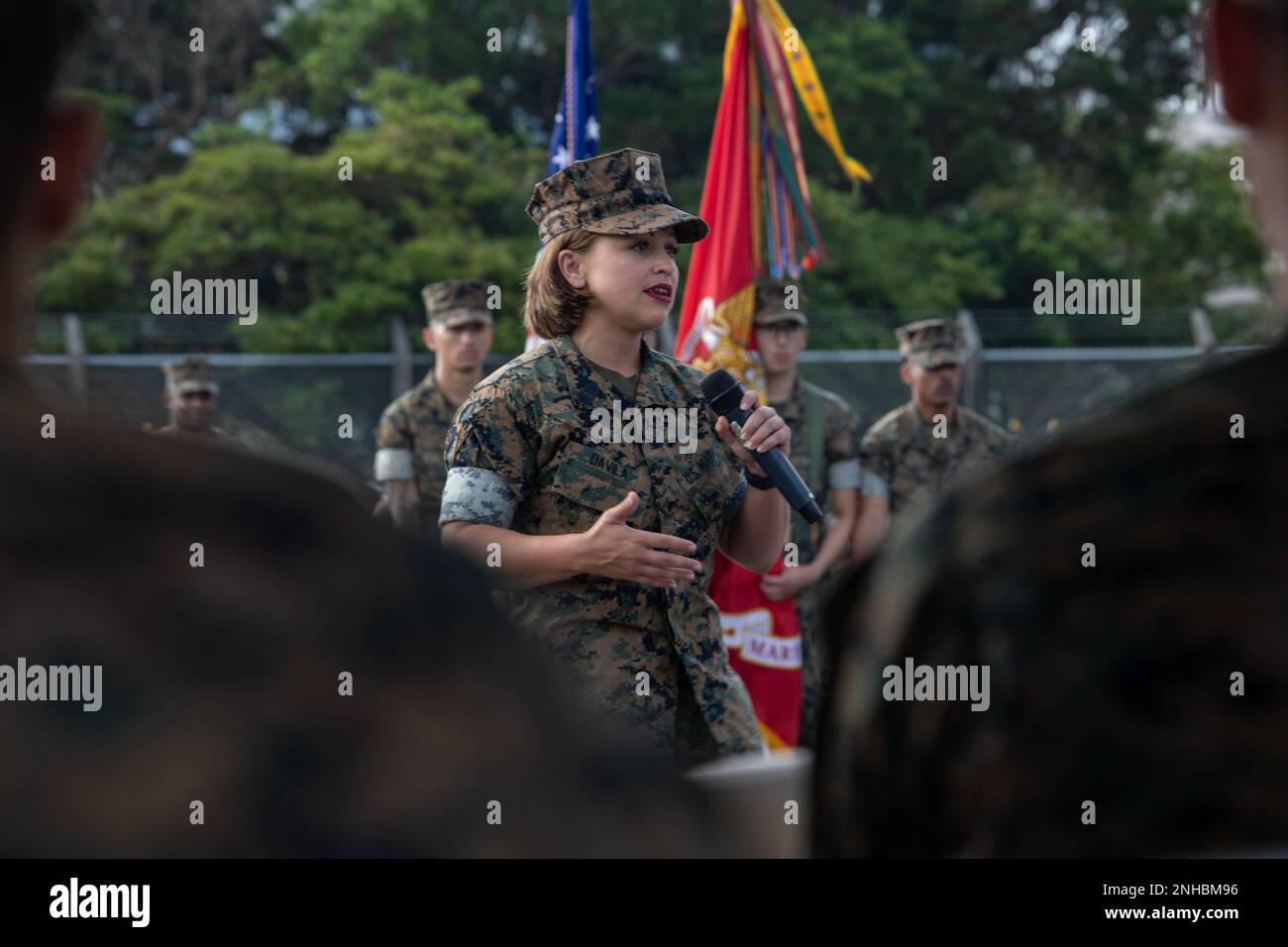 U.S. Marine Corps 1st Sgt. Jessica Davila gives her remarks during a ...
