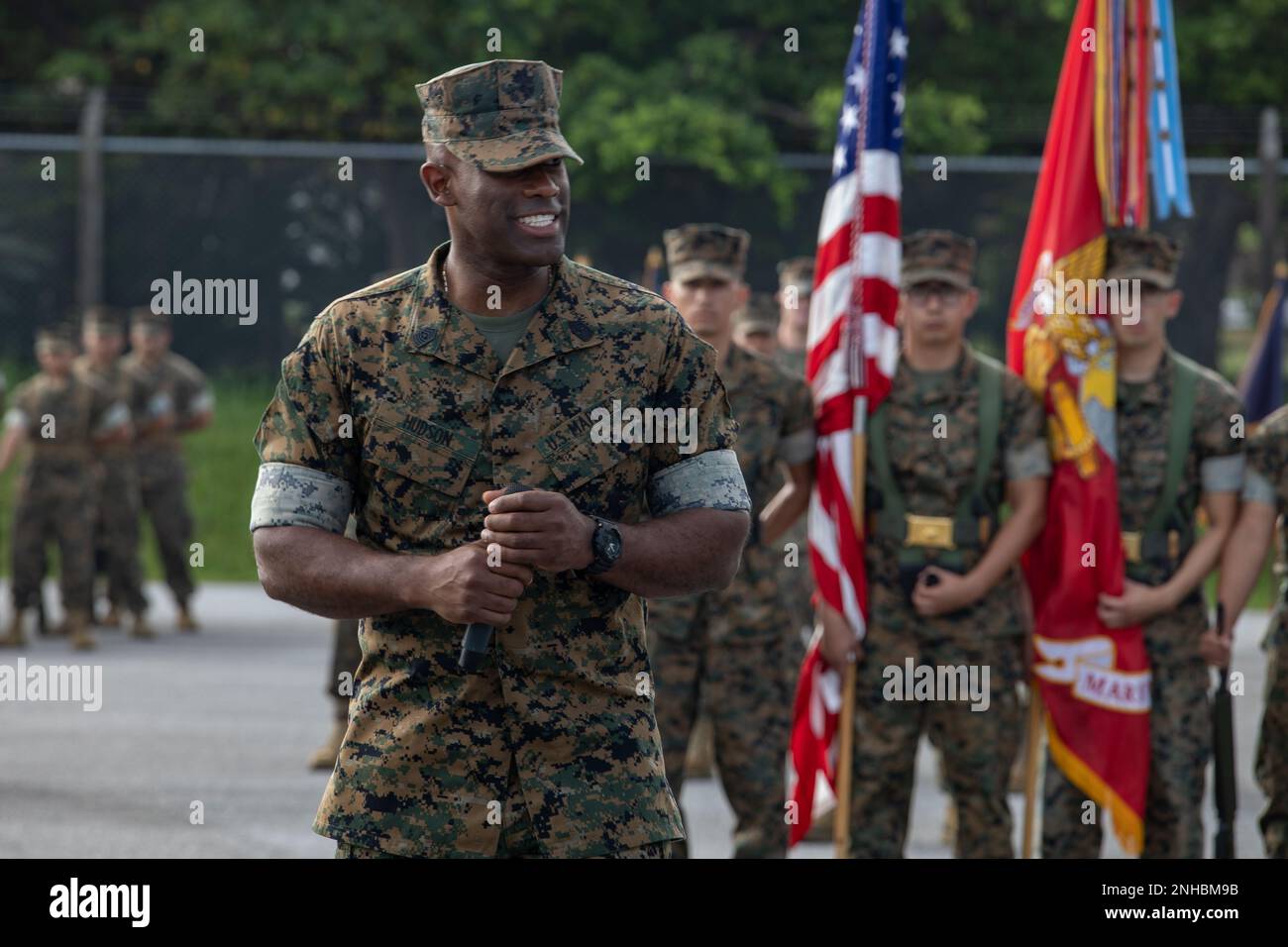 U.S. Marine Corps Sgt. Maj. Emanuel Hudson gives his remarks during a ...