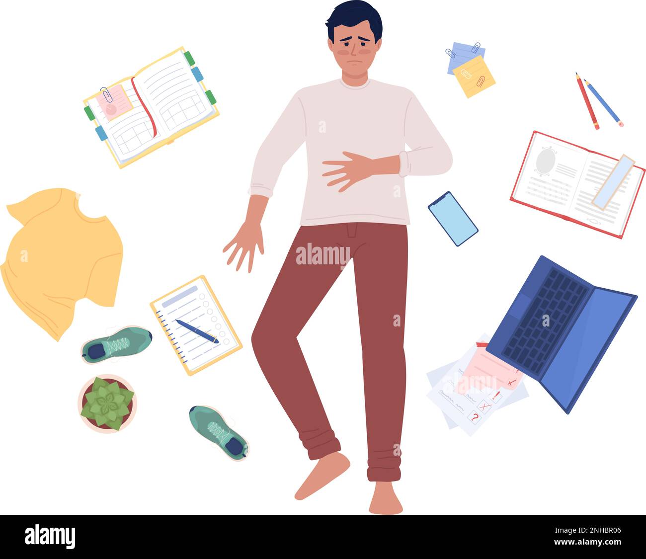 Depressed young man lying on messy floor semi flat color vector ...