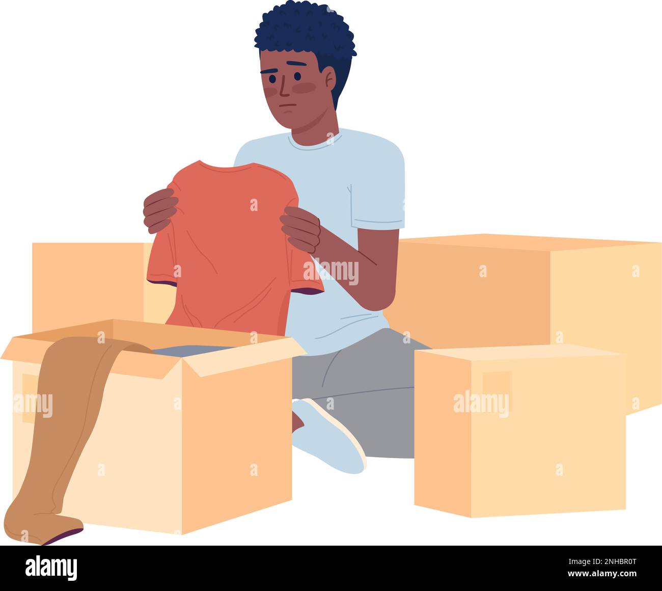 Teen boy decluttering clothes in boxes semi flat color vector character ...