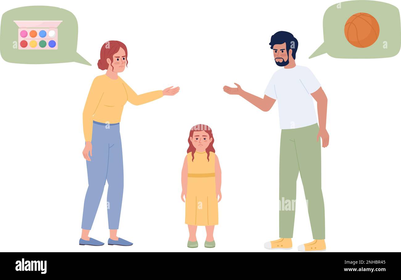 Parents fighting over daughter hobby semi flat color vector characters ...