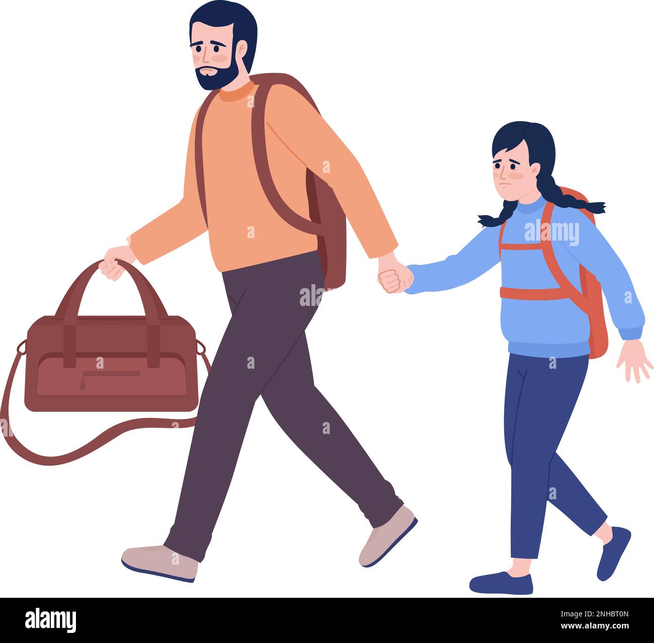 Father and daughter refugees with belongings semi flat color vector ...